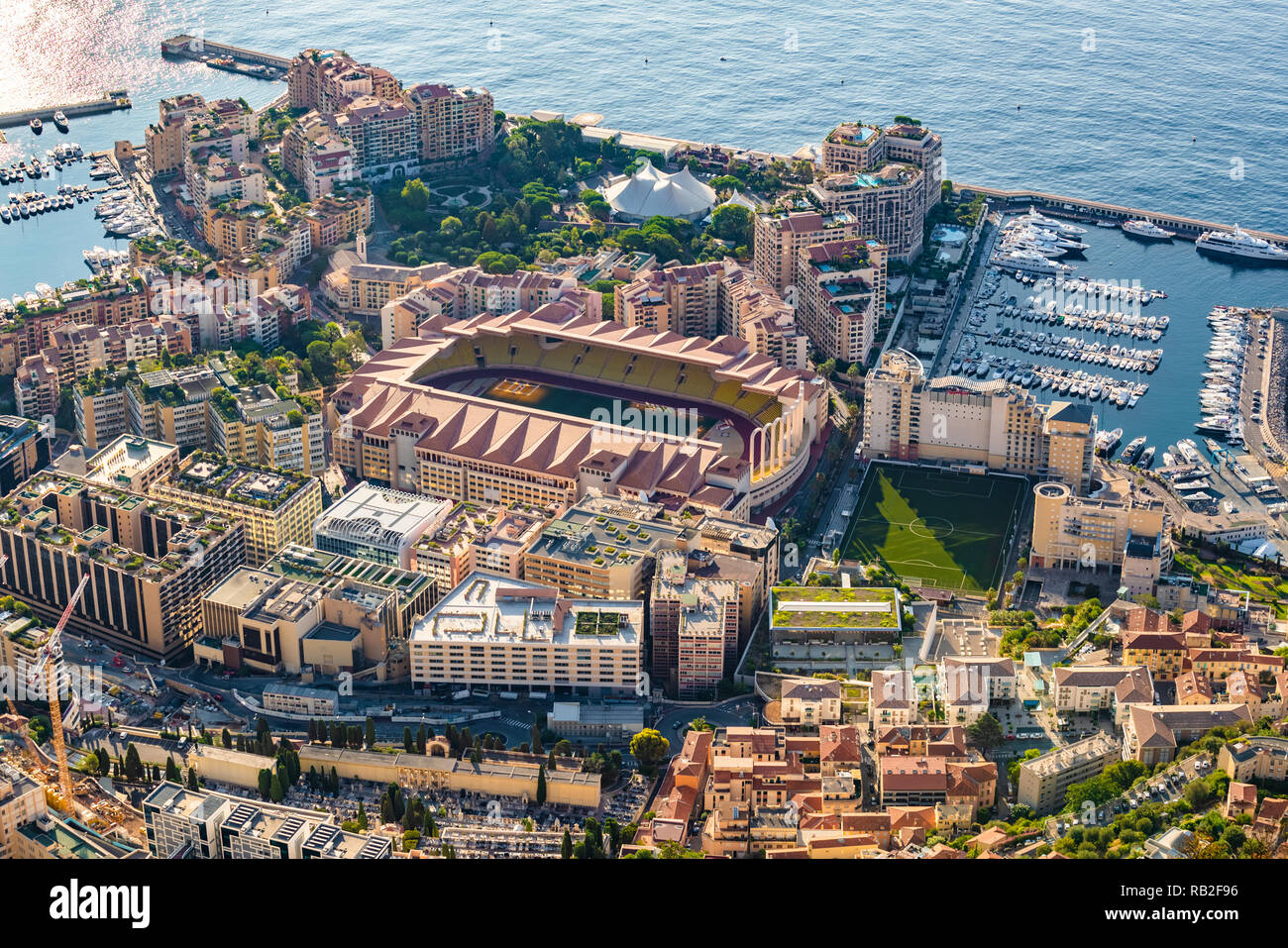 Aerial view of stadium of Monaco at sunrise, view from La Turbie ...