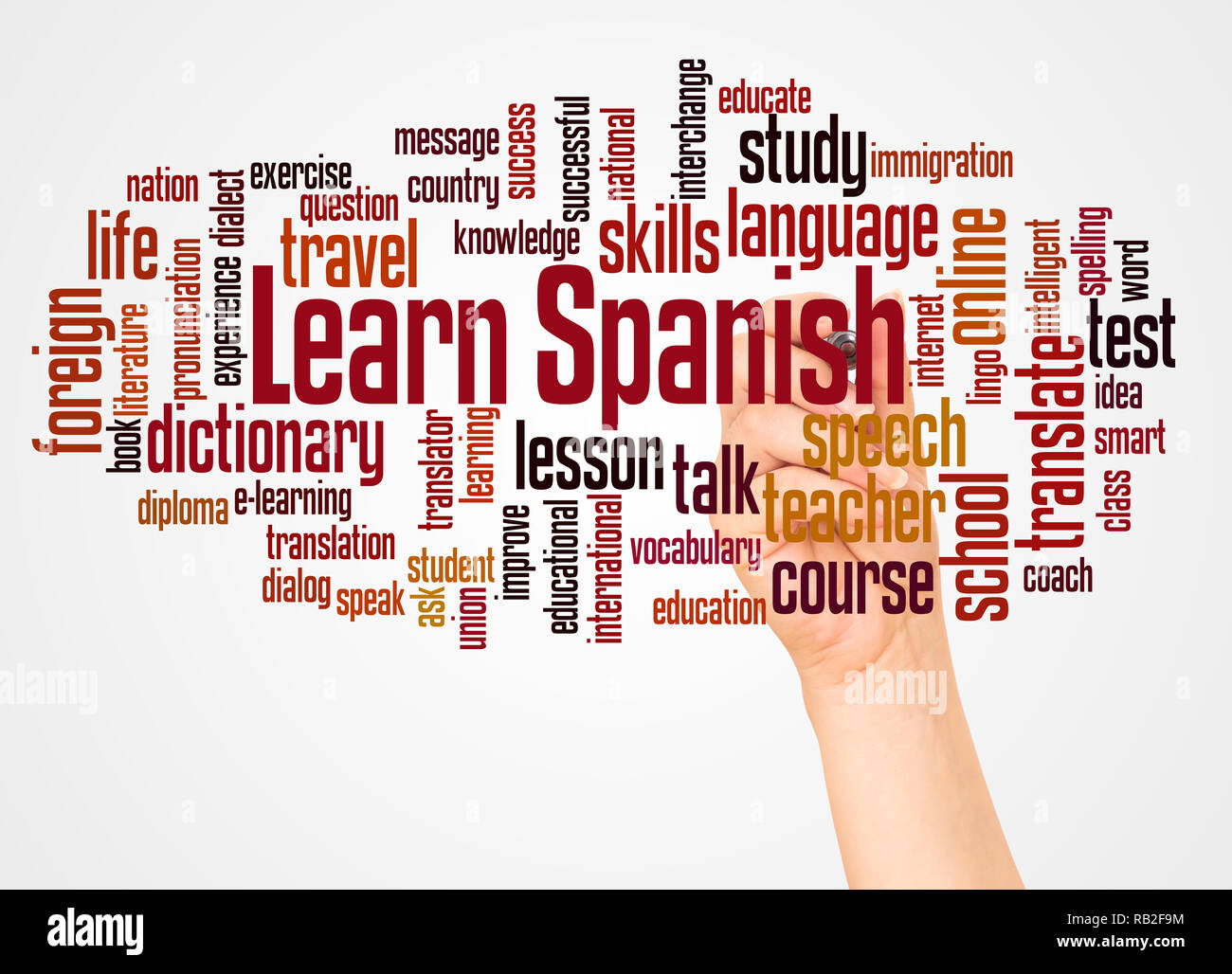 Learn Spanish word cloud and hand with marker concept on white ...