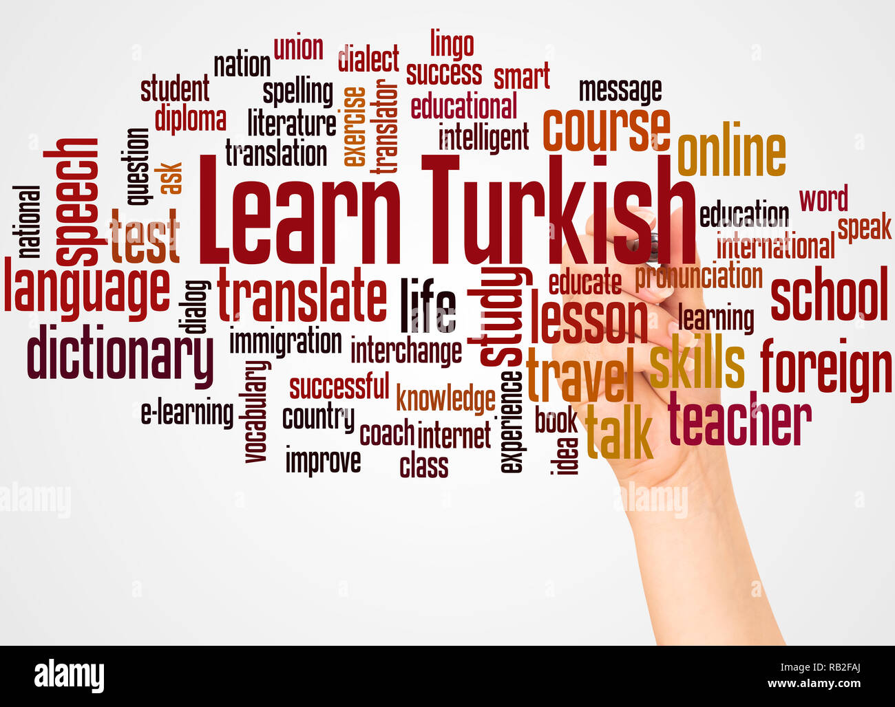 Learn Turkish word cloud and hand with marker concept on white ...