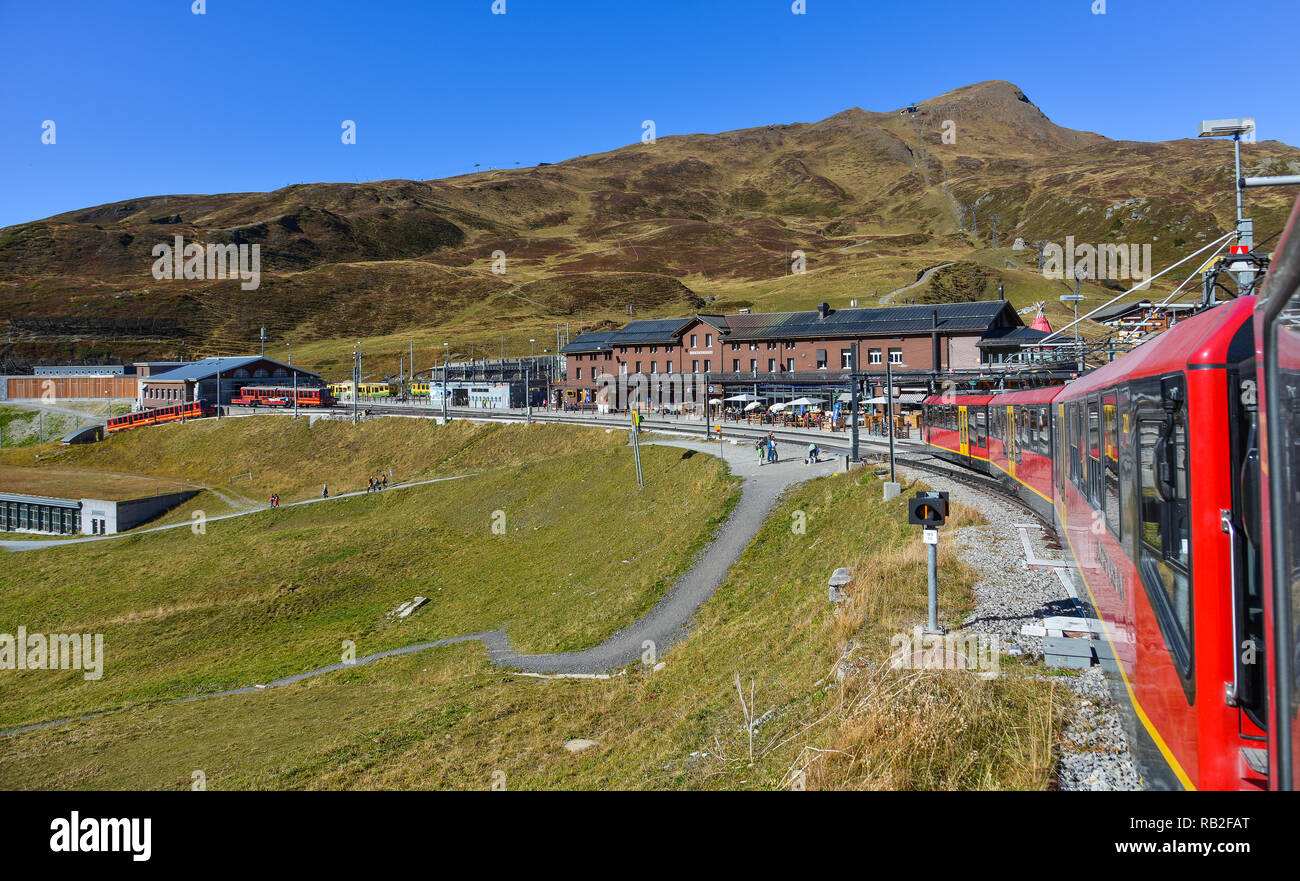 Grindelwald, Switzerland - Oct 20, 2018. Red Bernese Oberland Railway ...