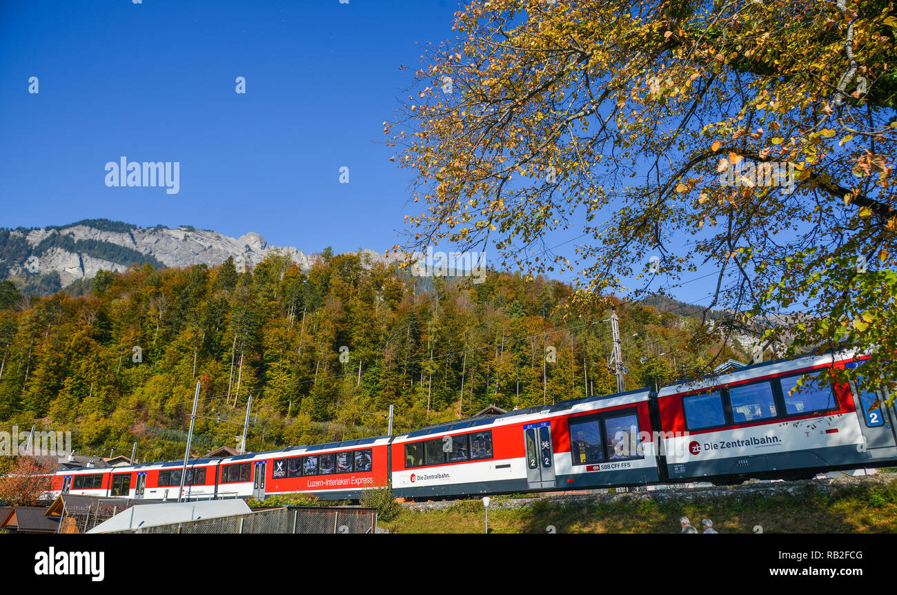 Brienz, Switzerland - Oct 21, 2018. Swiss train stopping at station in ...