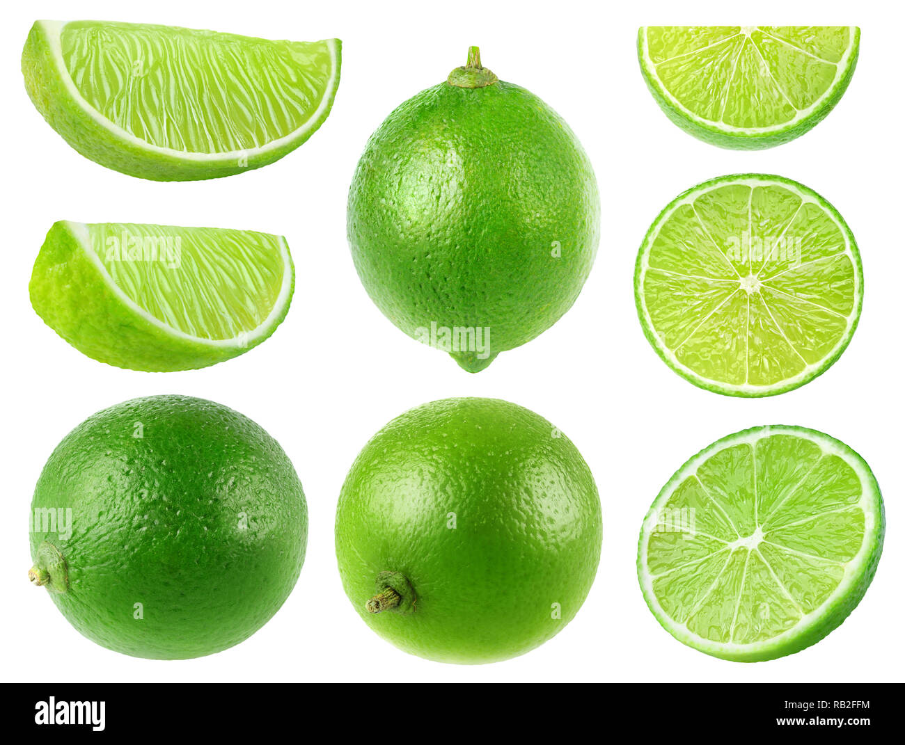 Isolated limes. Collection of whole and lime fruits isolated on white background with clipping ...