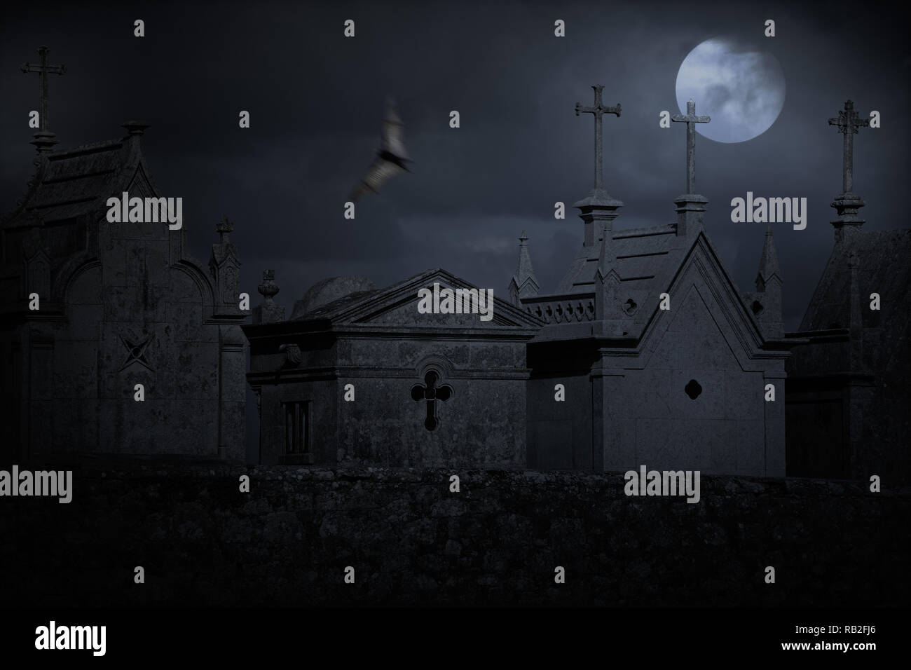 Dark background of an old European cemetery in an overcast full moon ...
