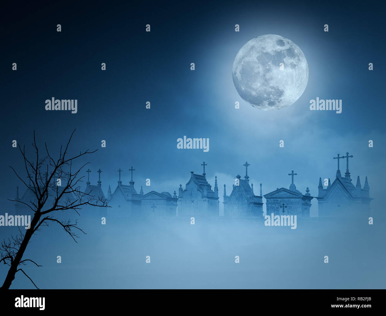 Old european cemetery in a foggy full moon night Stock Photo - Alamy