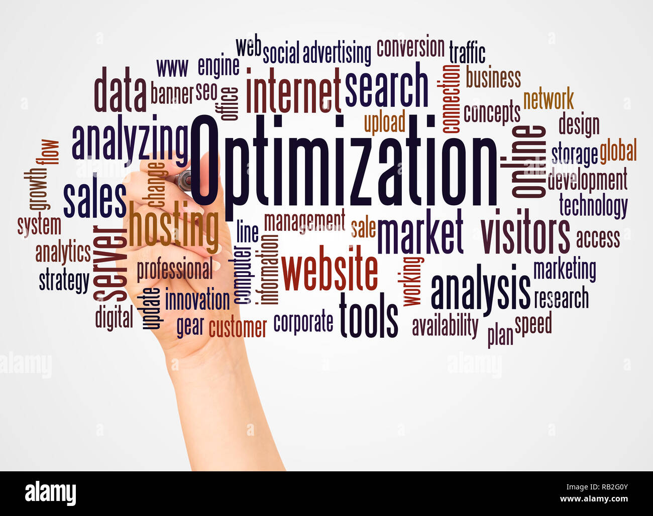 Optimization word cloud and hand with marker concept on white background Stock Photo - Alamy