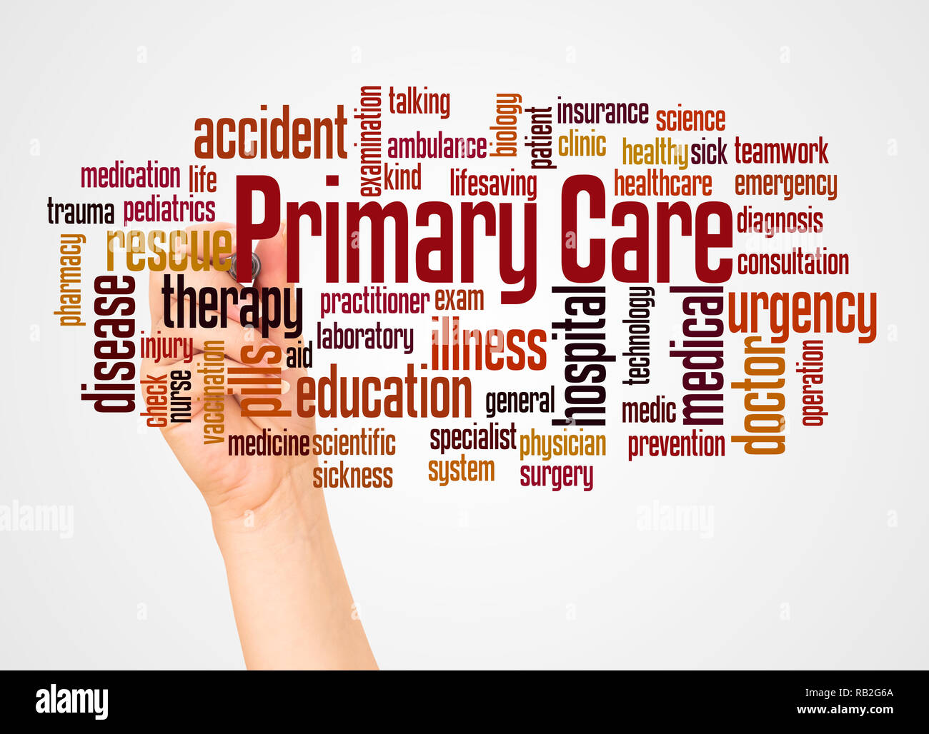 Primary care word cloud and hand with marker concept on white ...
