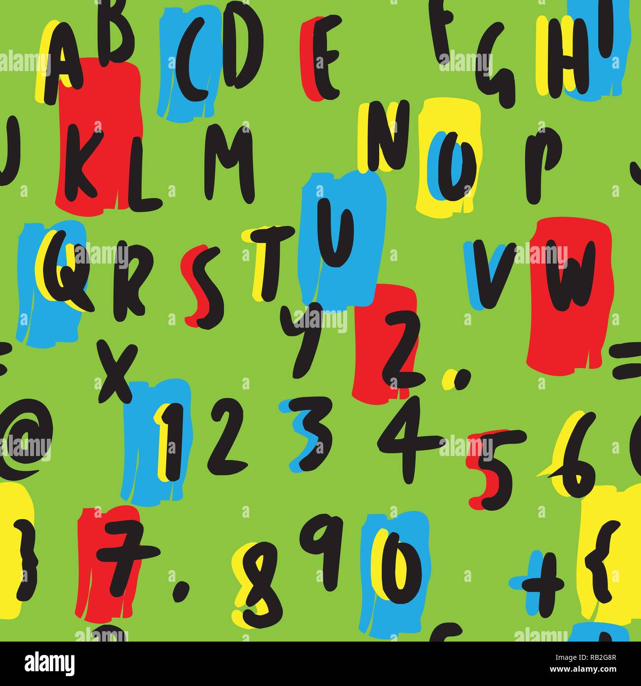 Colorful Letters and Numbers Hand Drawn Seamless Pattern on Green ...
