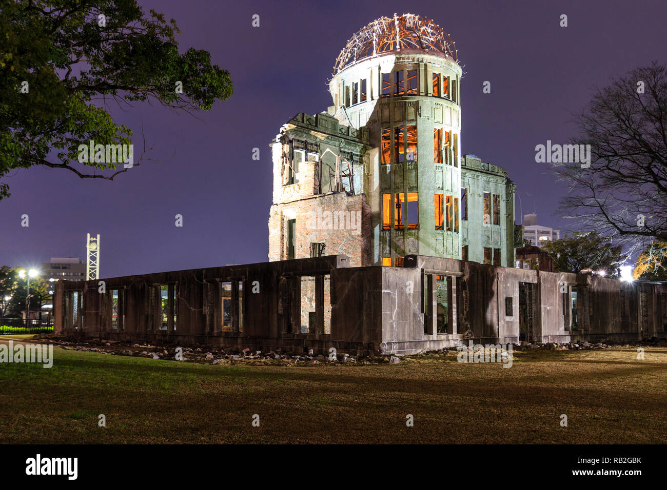 The Hiroshima Peace Memorial, the Atomic Bomb Dome, A-Bomb Dome, Genbaku Dome, illuminated by ...