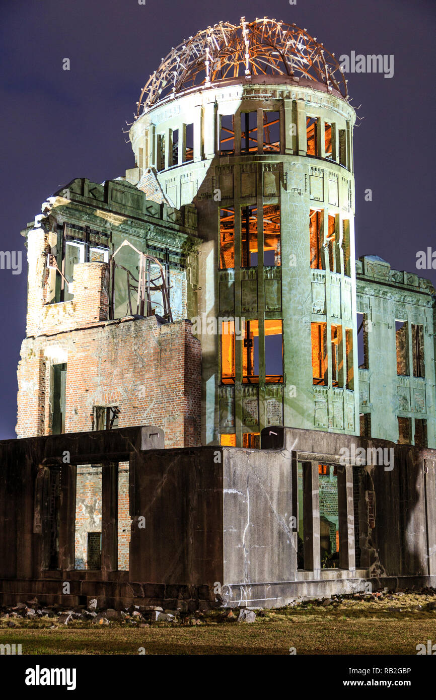 The Hiroshima Peace Memorial, the Atomic Bomb Dome, A-Bomb Dome, Genbaku Dome, illuminated by ...