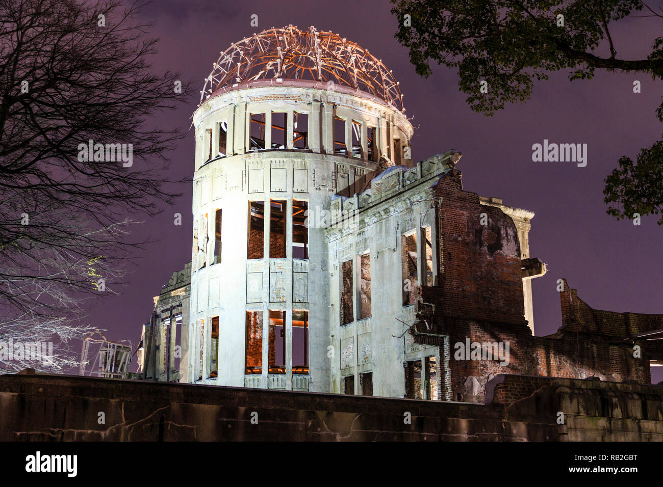 The Hiroshima Peace Memorial, the Atomic Bomb Dome, A-Bomb Dome, Genbaku Dome, illuminated by ...