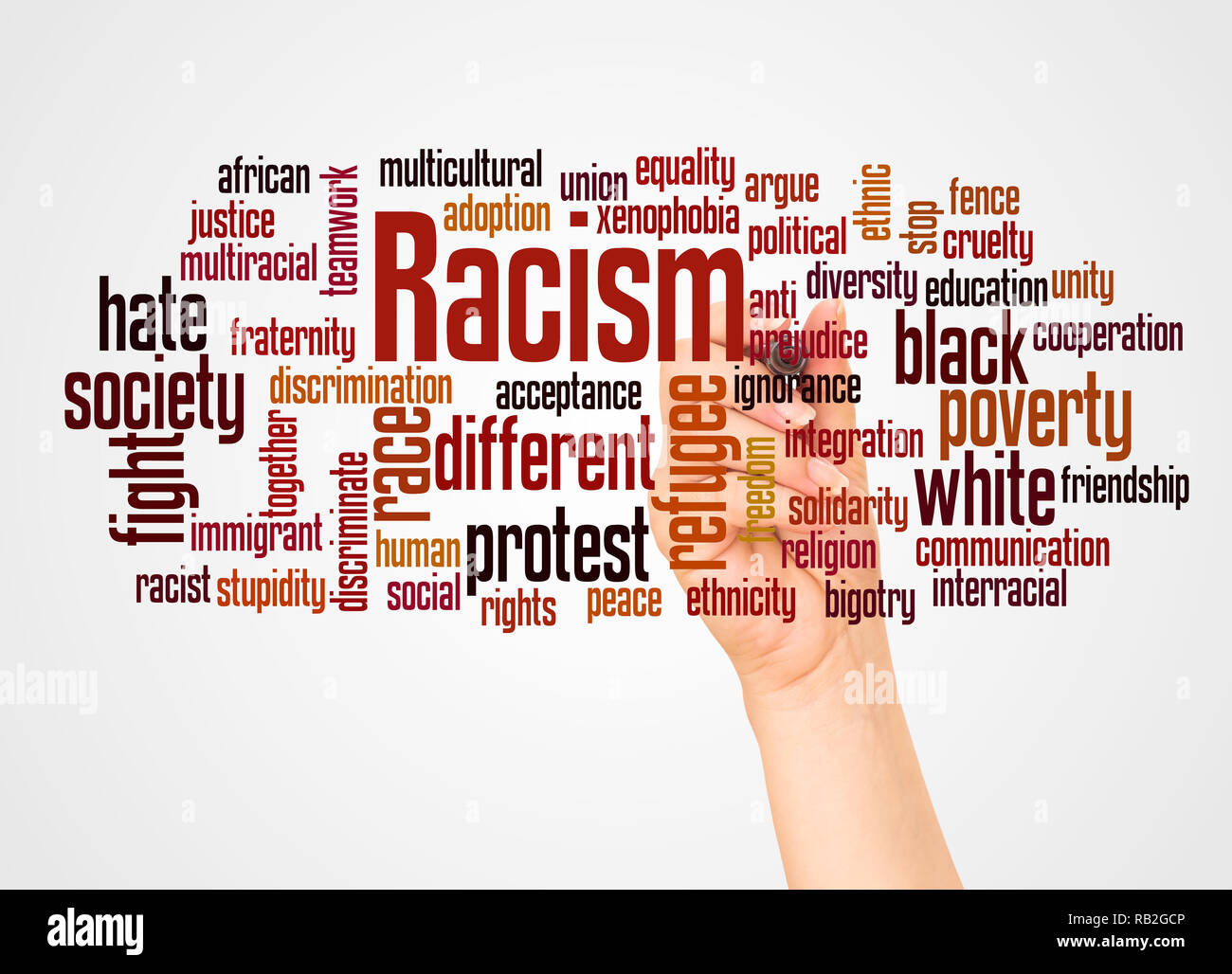 Racism word cloud and hand with marker concept on white background ...