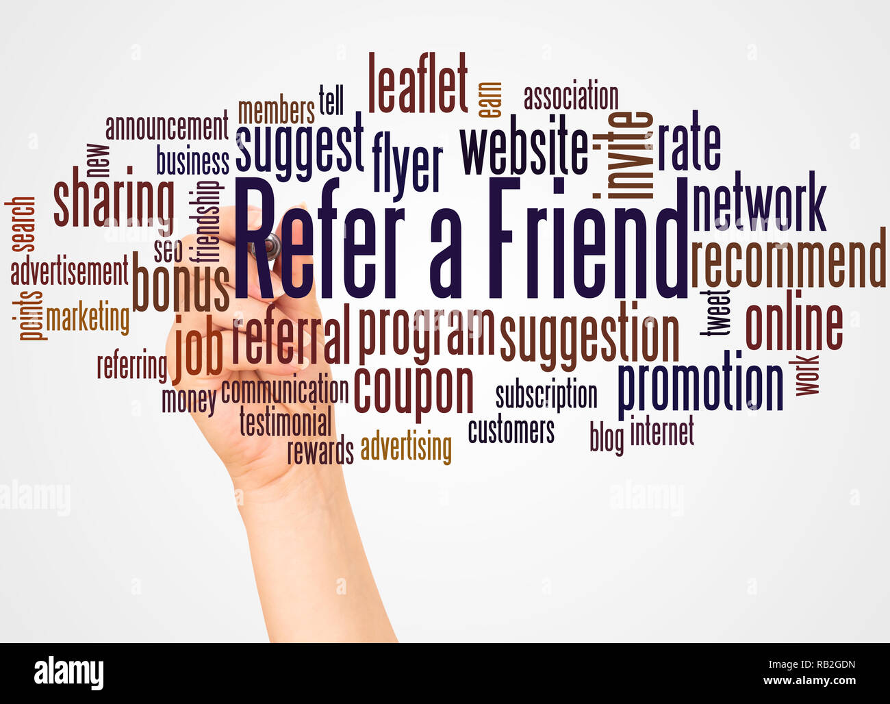 Refer a Friend word cloud and hand with marker concept on white ...