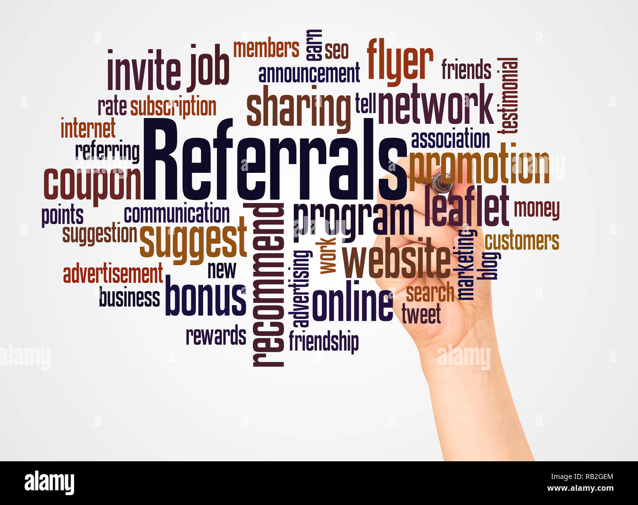 Referrals word cloud and hand with marker concept on white background ...
