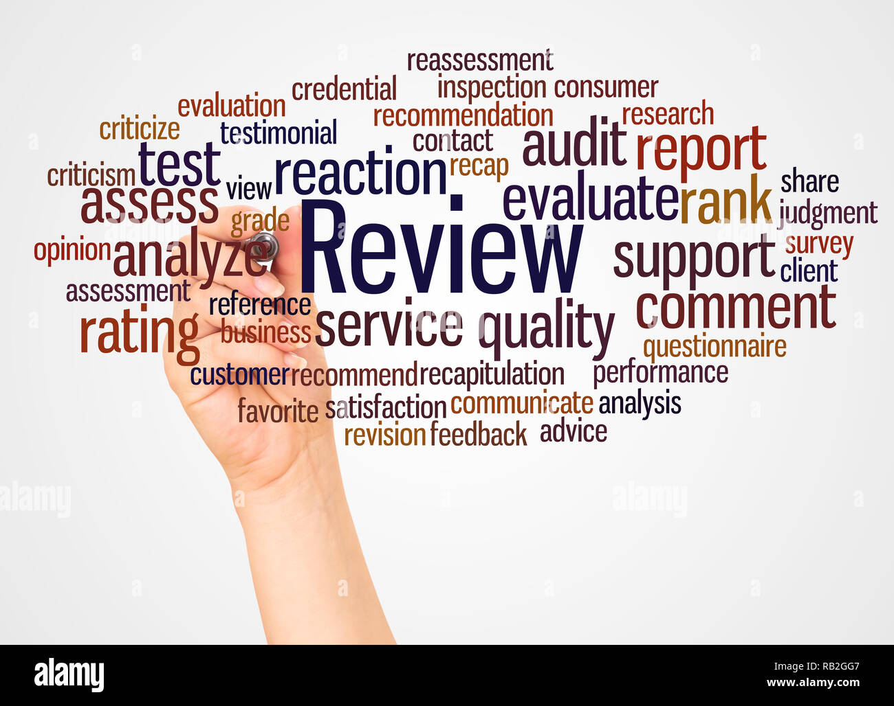 Review word cloud and hand with marker concept on white background ...