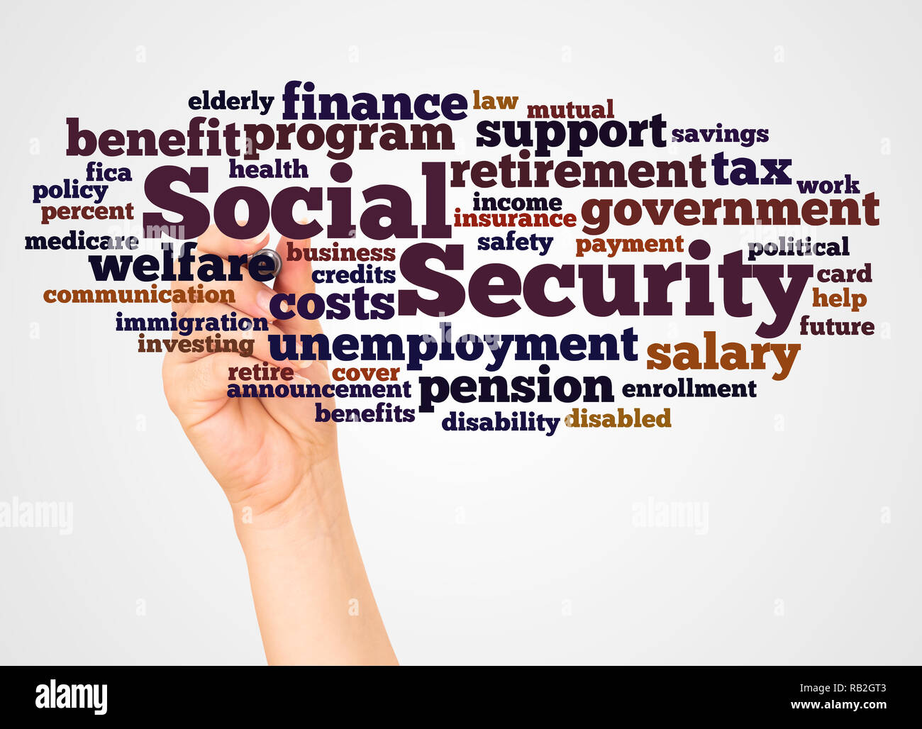 Social Security word cloud and hand with marker concept on white ...