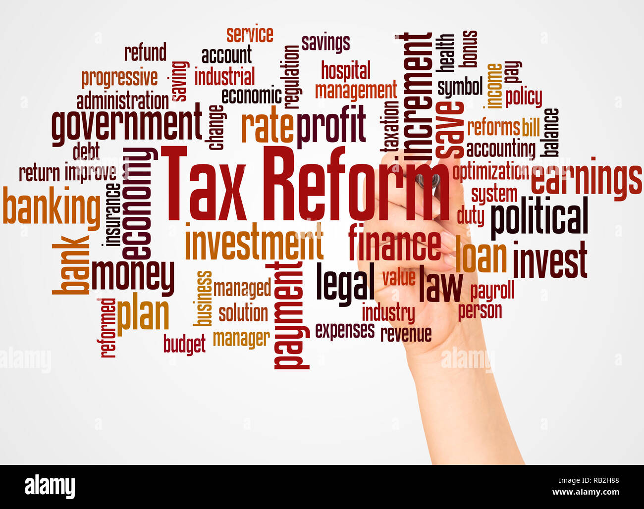 Tax Reform word cloud and hand with marker concept on white background ...