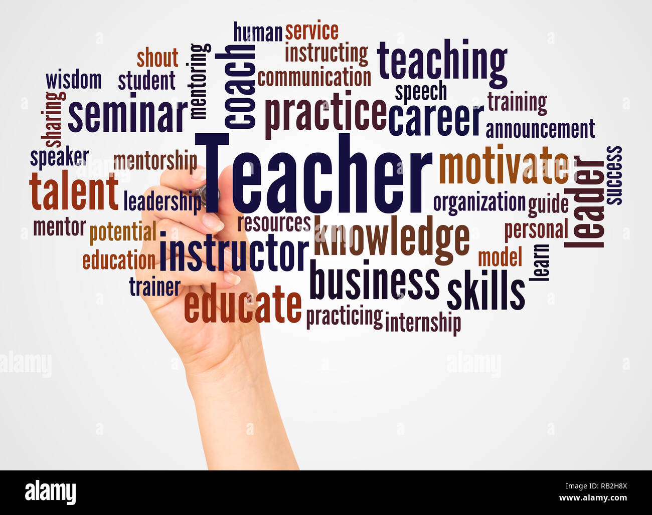 Teacher word cloud and hand with marker concept on white background ...