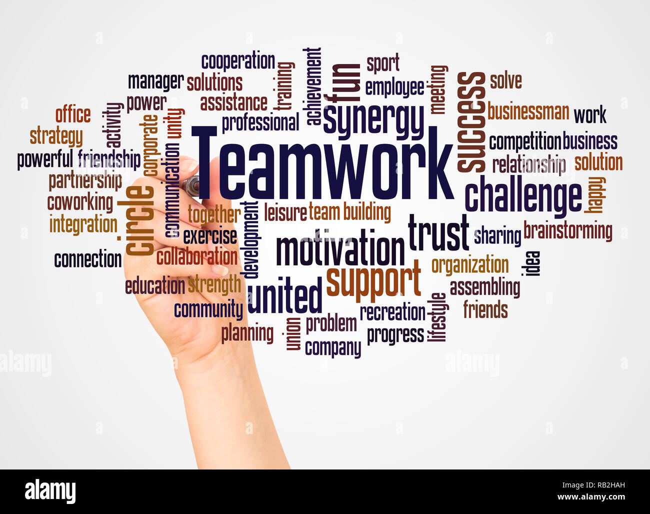Teamwork word cloud and hand with marke concept on white background ...