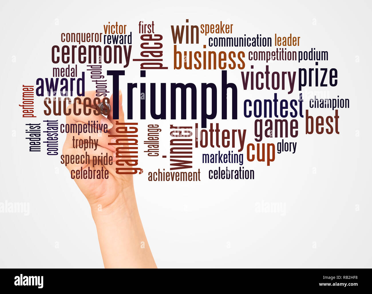 Triumph word cloud and hand with marker concept on white background ...