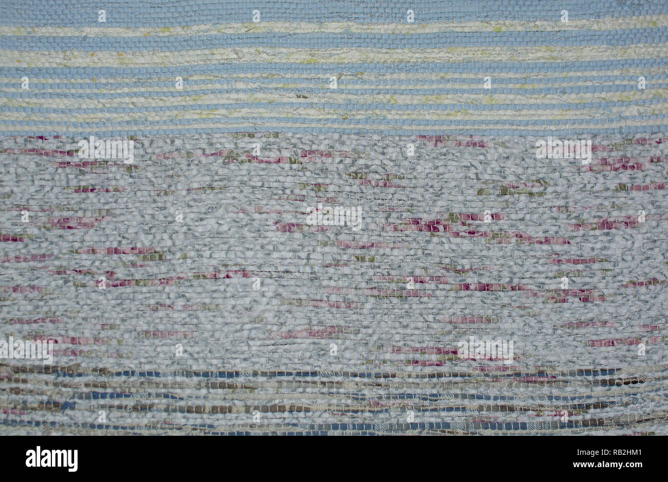 Rustic woven cotton rug texture background blue white and red colors ...