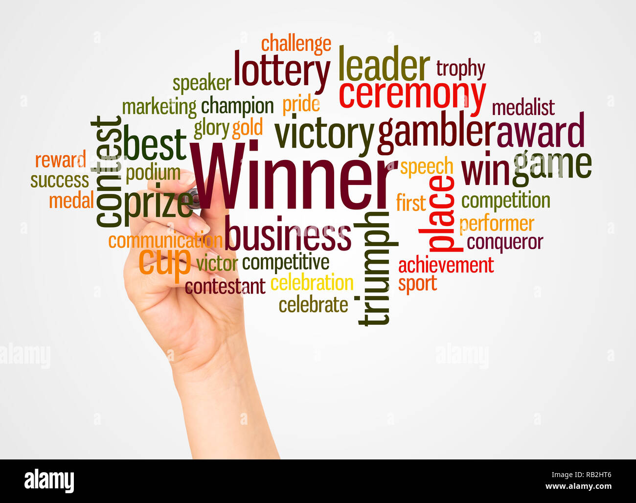 Winner word cloud and hand with marker concept on white background ...