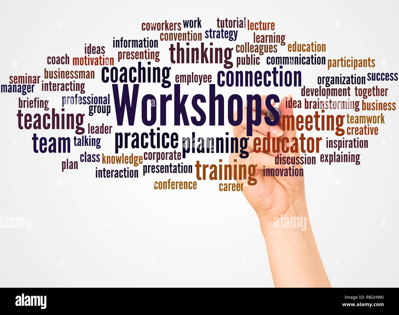 Workshops word cloud and hand with marker concept on white background ...