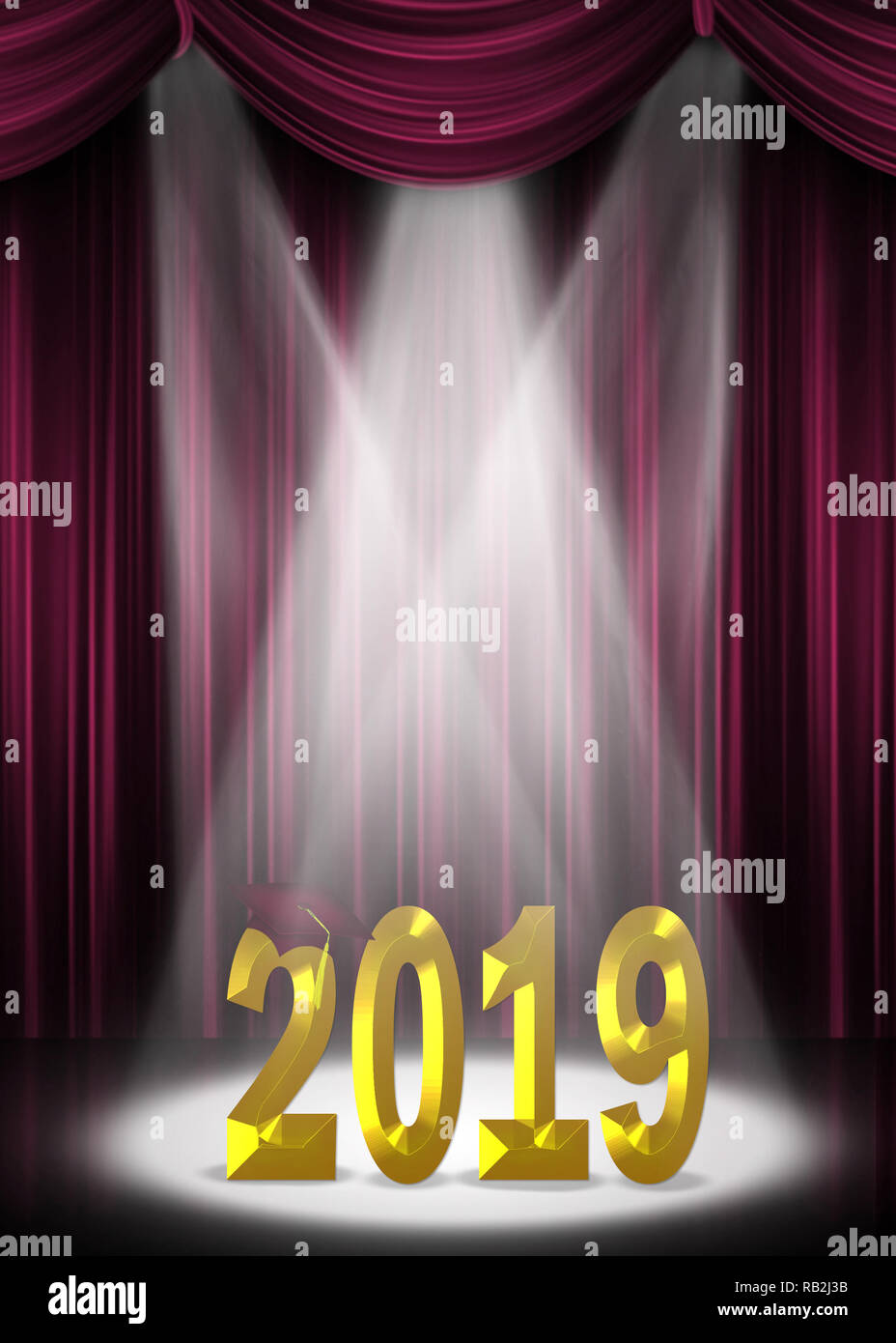 Maroon graduation cap on 2019 gold text in stage spotlight with curtain ...