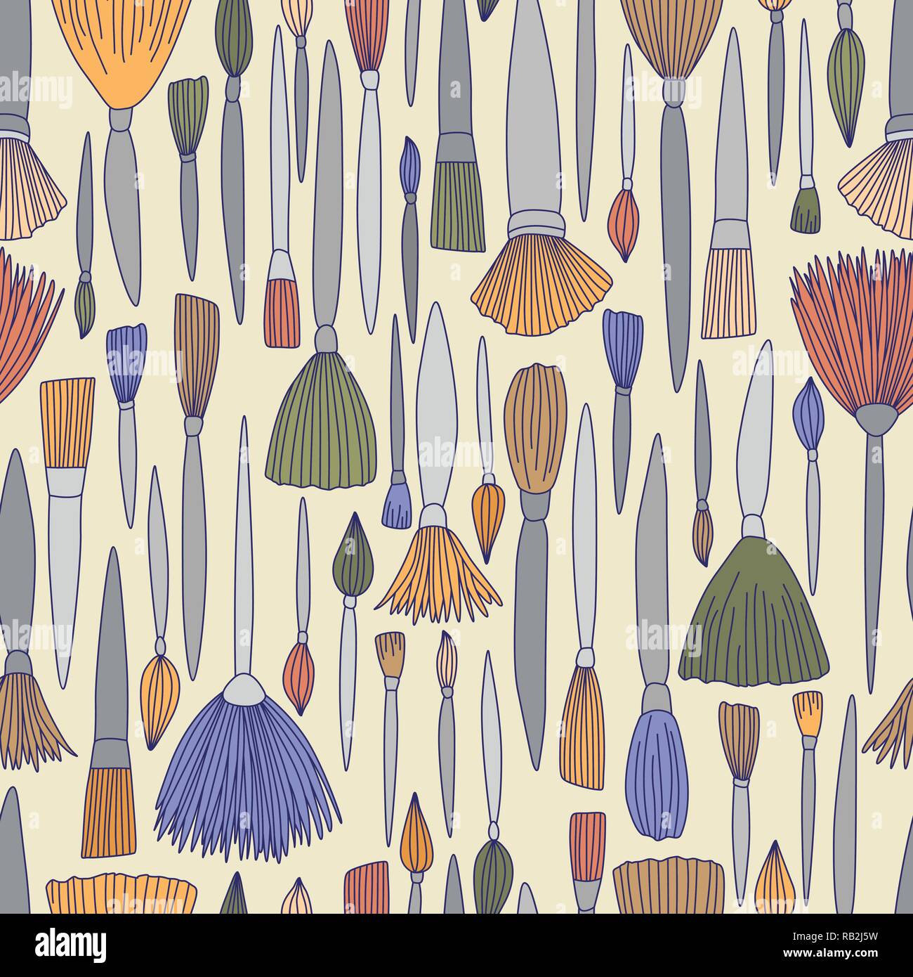 Colorful Artist Brushes Hand Drawn Seamless Pattern Doodle Stock Vector ...