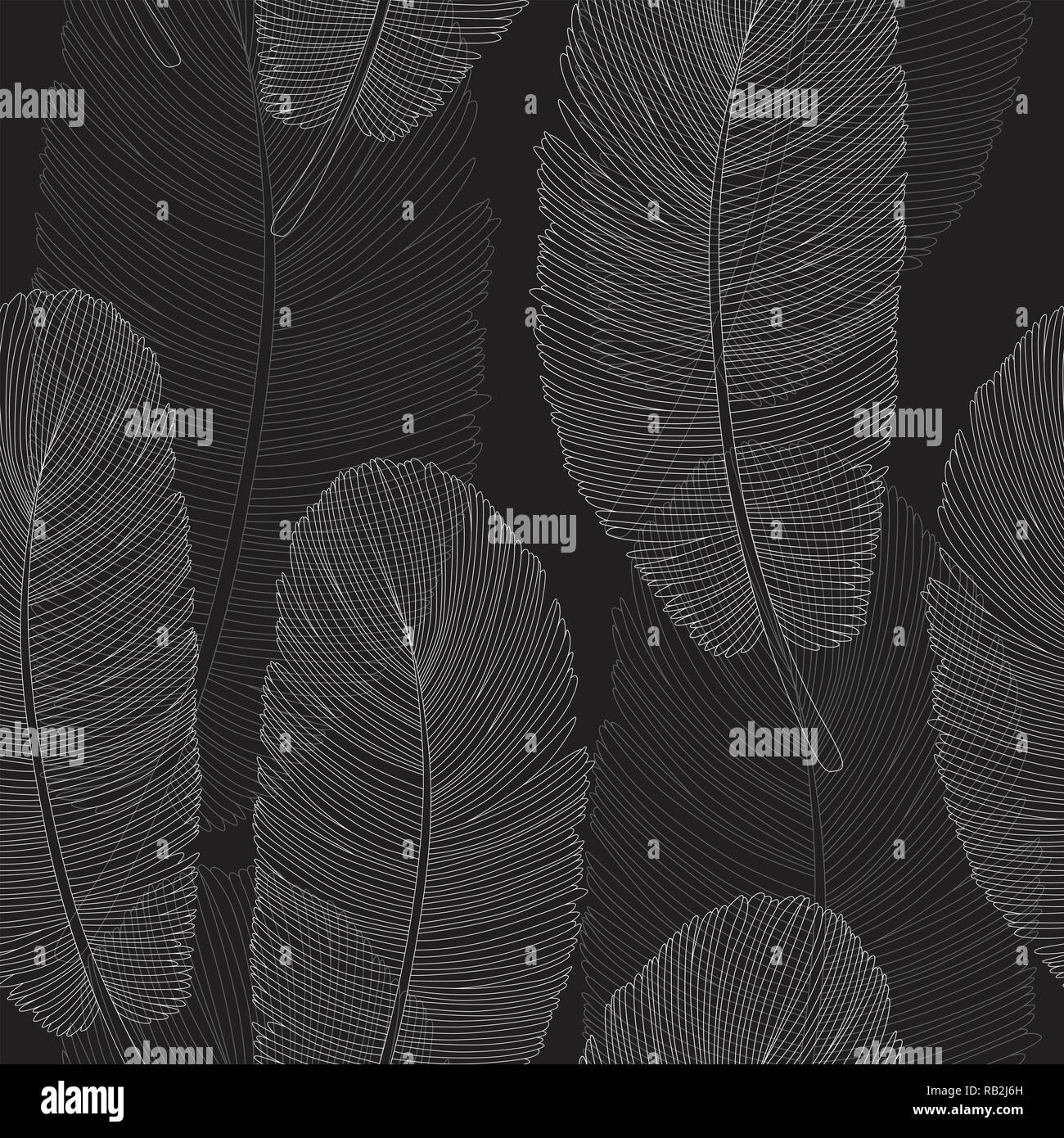 Black and White Overlapping Feathers Pattern Line Drawing Stock Vector ...