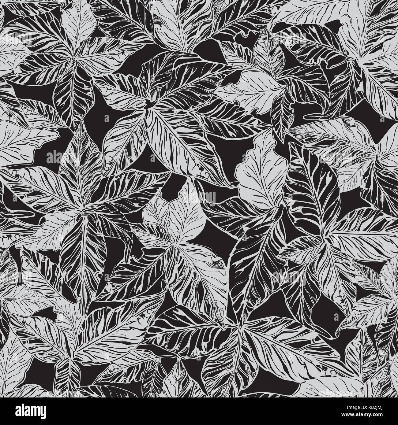 Super Detailed Leaf Seamless Pattern in Black and Grey Stock Vector ...