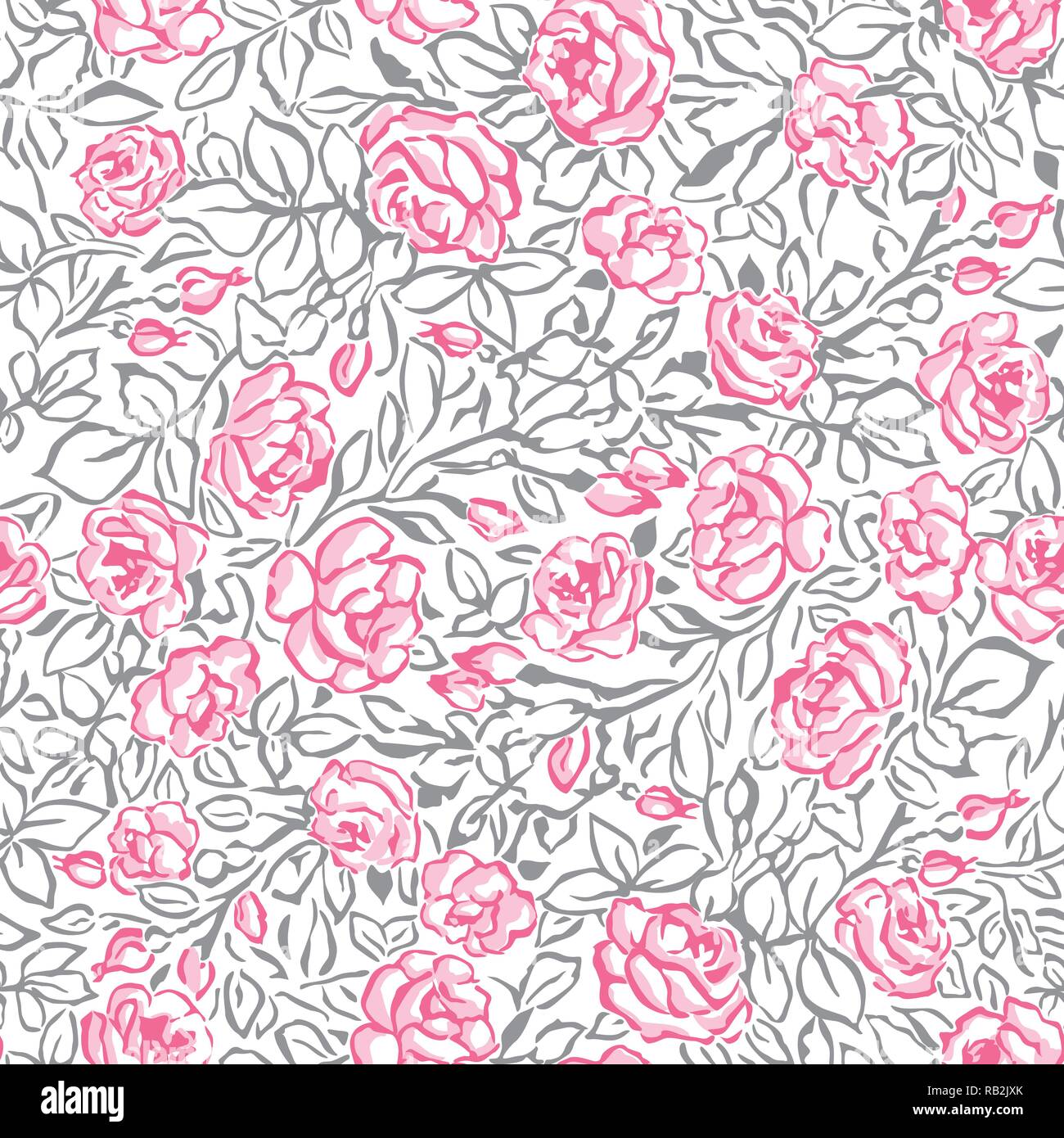 Abstract Hand-drawn Pink Roses Seamless Pattern on White Background ...