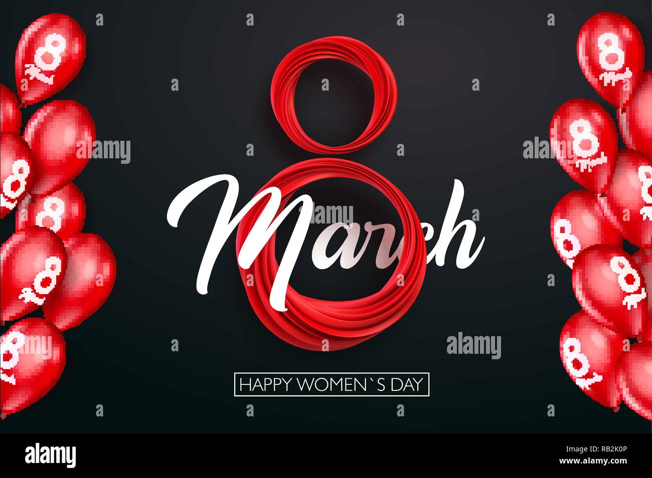 Banner for the International Women's Day. Red balloons and red March 8 ...