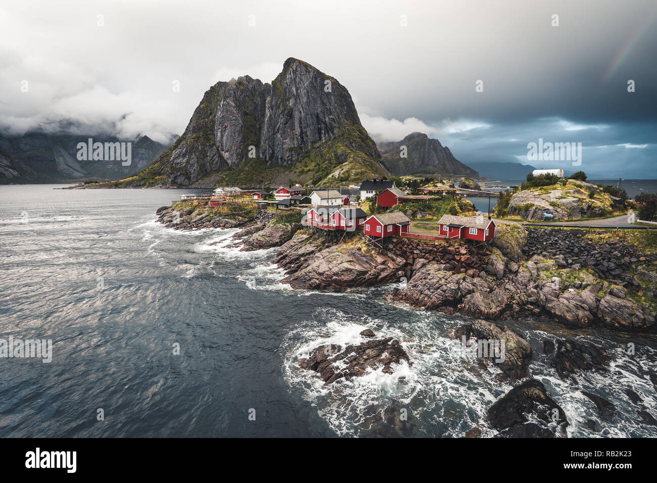 Sunset Panorama of famous tourist attraction Hamnoy fishing village on Lofoten Islands near ...