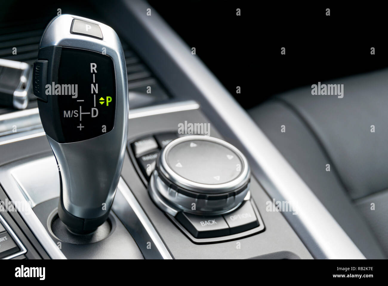 automatic gear stick of a modern car, car interior details Stock Photo ...