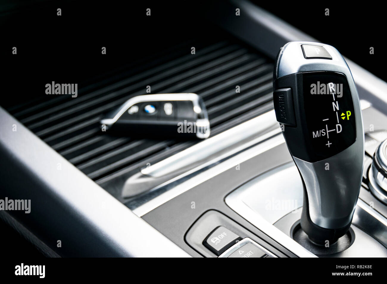 automatic gear stick of a modern car, car interior details Stock Photo ...