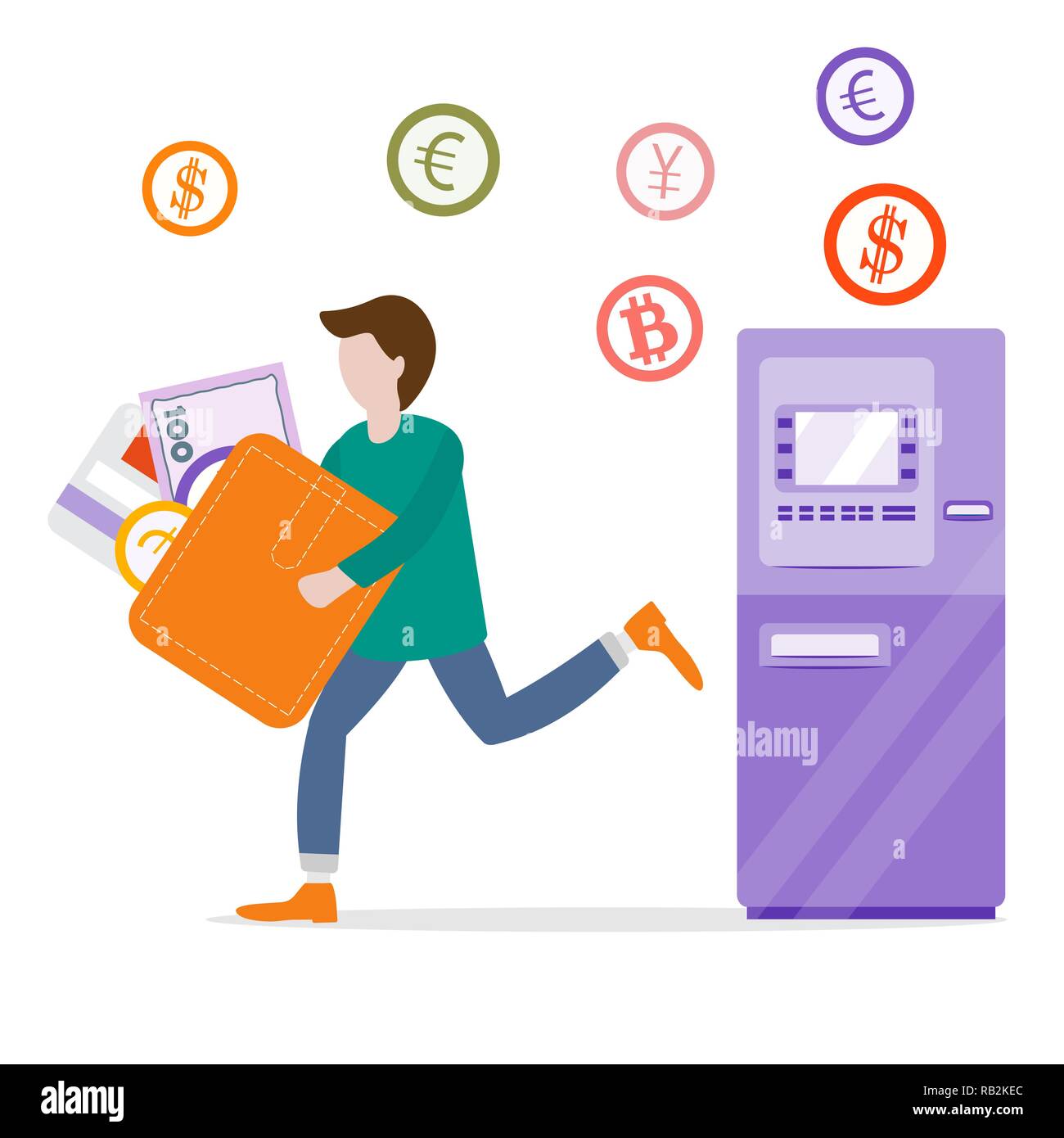 Vector illustration with man goes from ATM or automatic teller machine ...