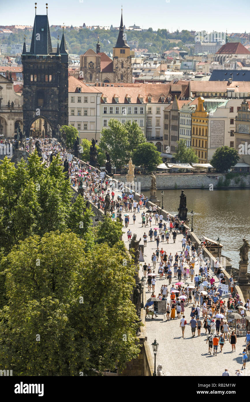 PRAGUE, CZECH REPUBLIC - JULY 2018: Aerial view of the Charles Bridge ...