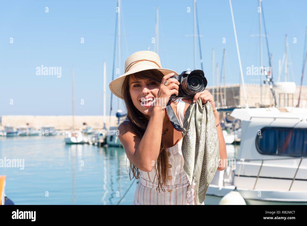 Traveling tourist woman on vacation in Heraklion Crete visiting the ...