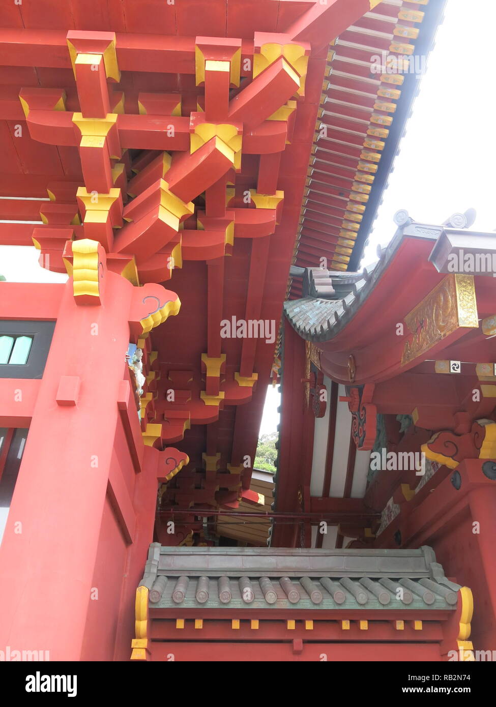Close-up of the ornately decorated, red wooden roof structure on the ...