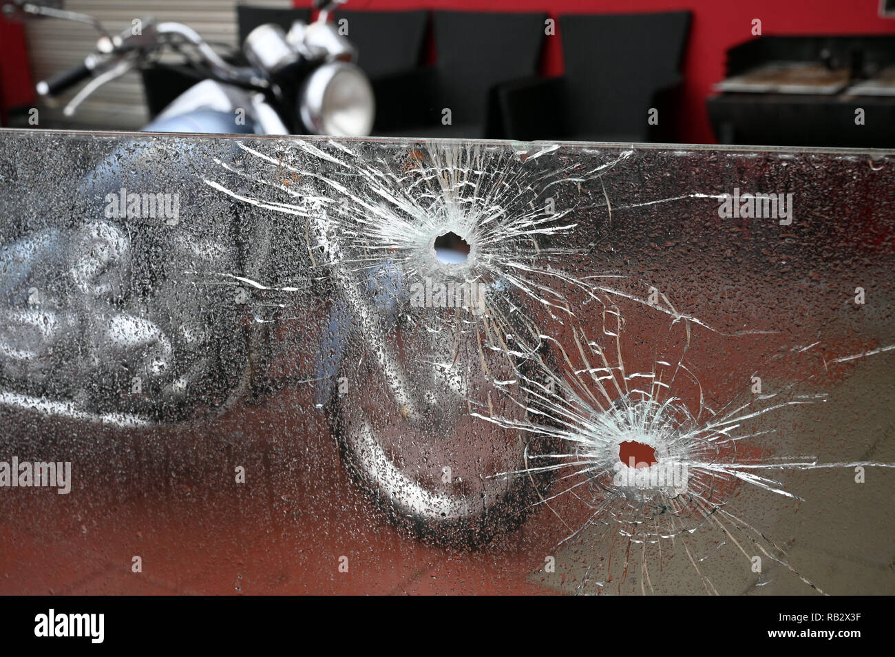 Cologne, Germany. 6th Jan 2019. Bullet holes can be seen in a glass ...