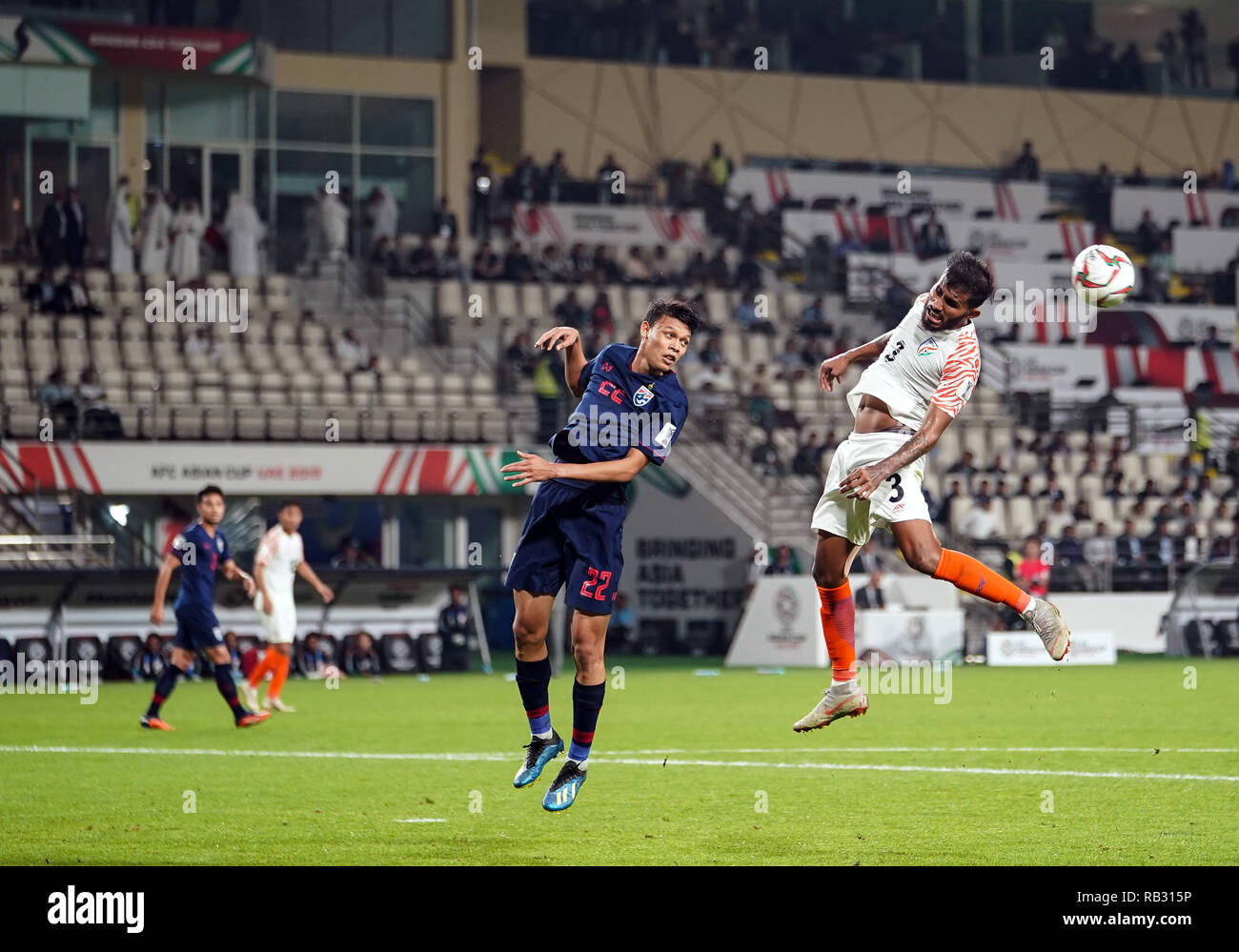 Abu Dhabi, UAE. 06th Jan, 2019. Subhasish Bose of Indiaheading the ball ...