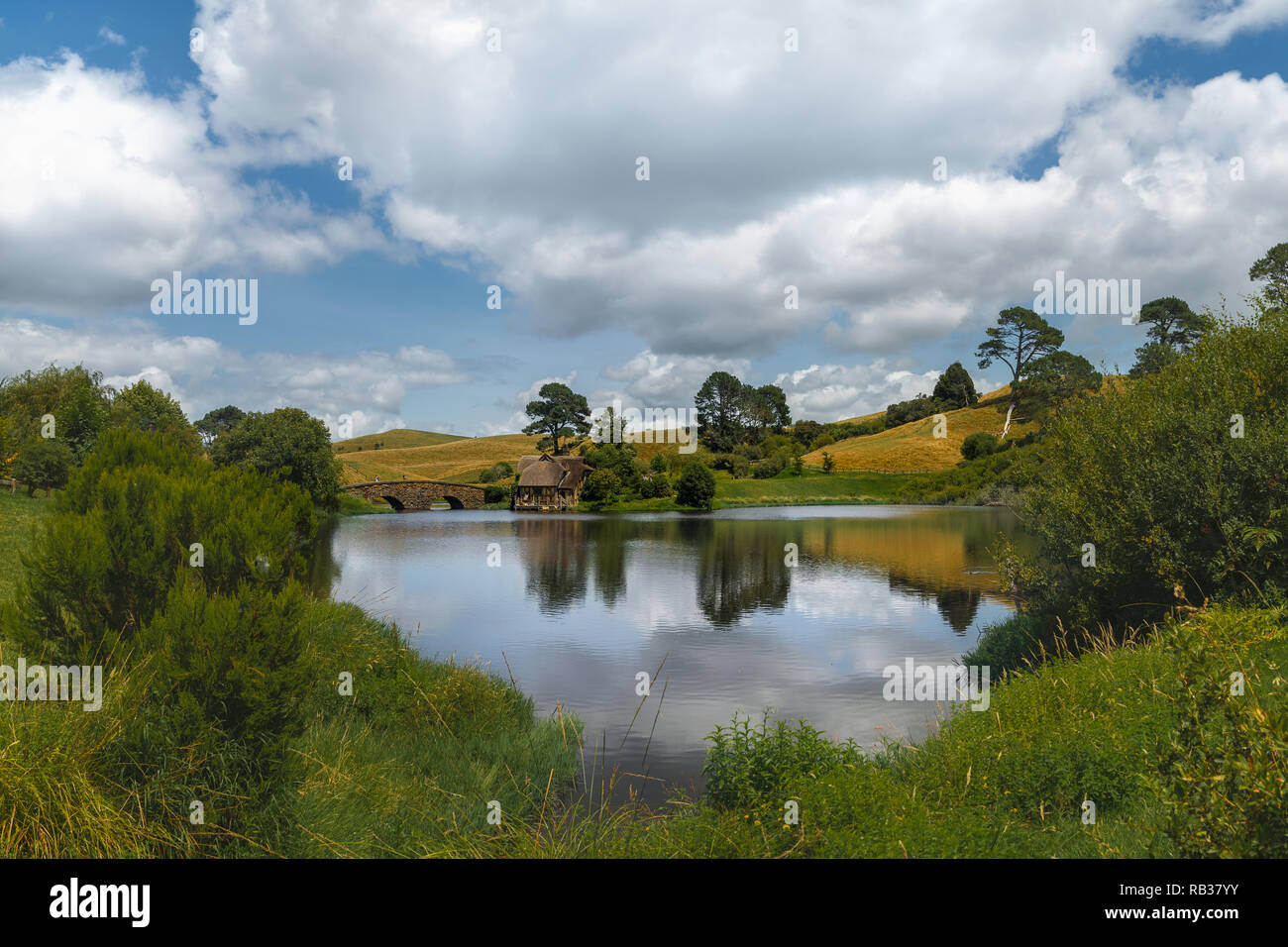 Scenery View of Hobbiton Village at the waterfront in Hobbiton Movie ...