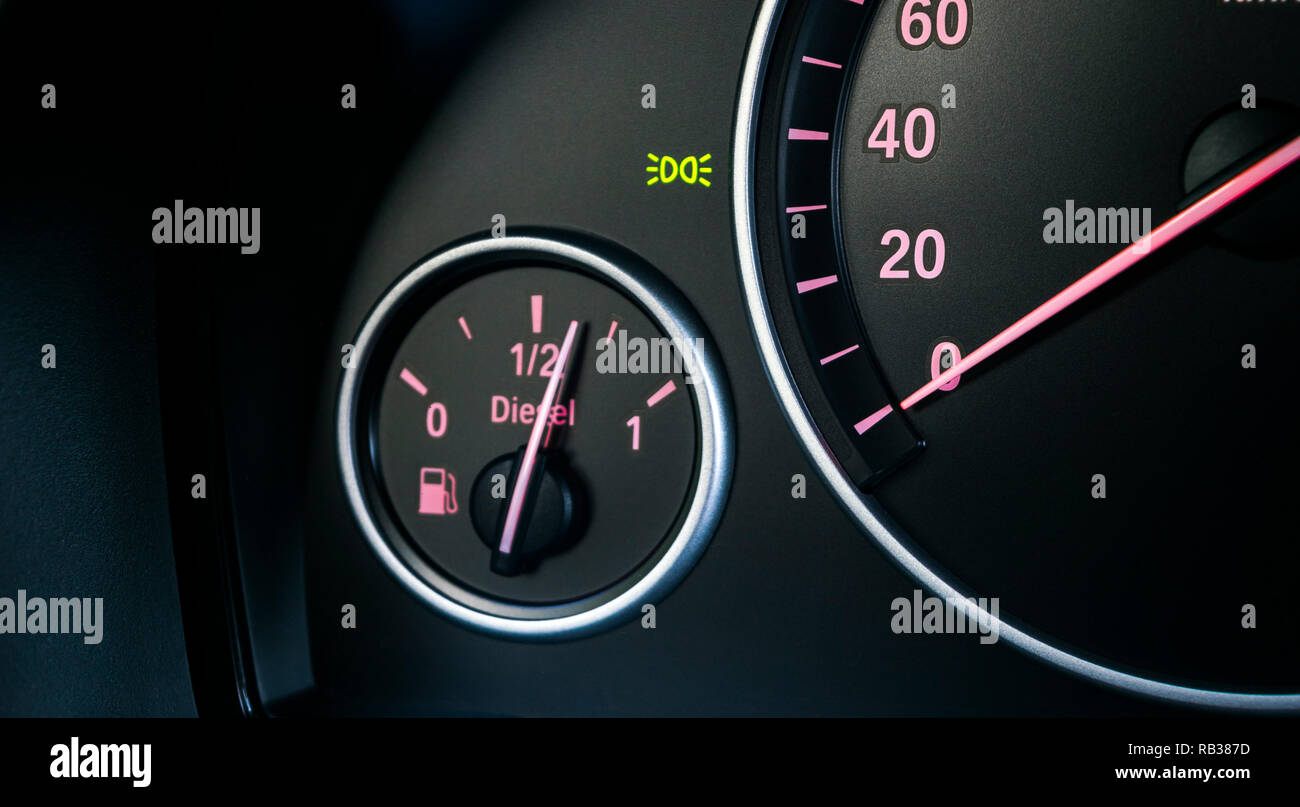 Car instrument panel. Dashboard closeup with visible speedometer and ...