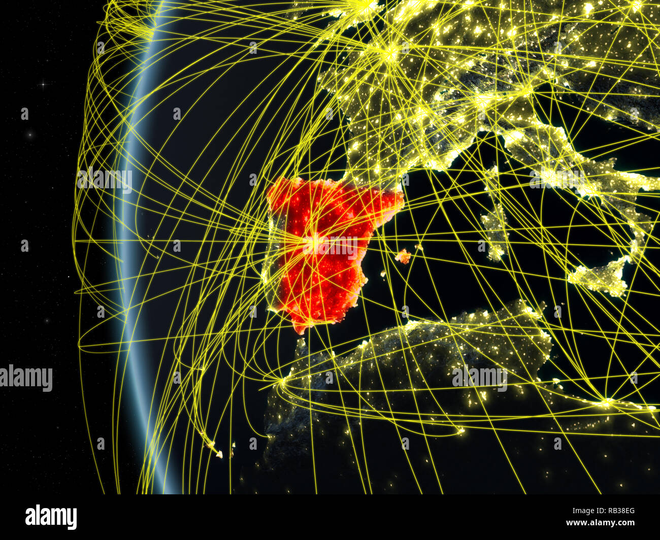 Spain from space on model of Earth at night with international network ...