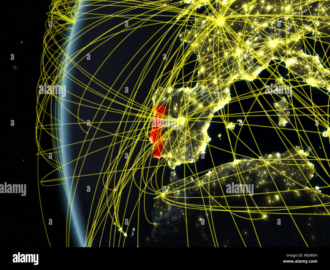 Portugal from space on model of Earth at night with international ...