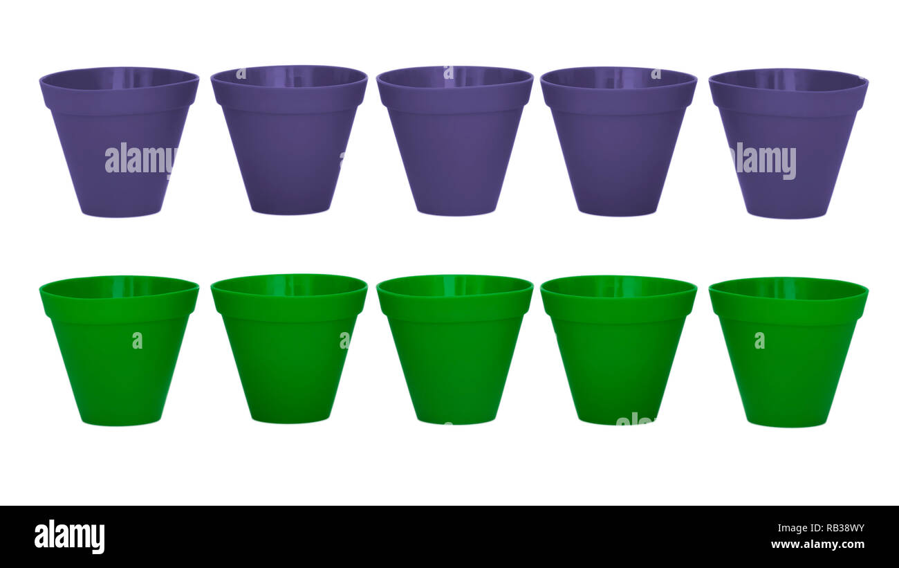 Rows of plastic flower pots isolated on white background with ...
