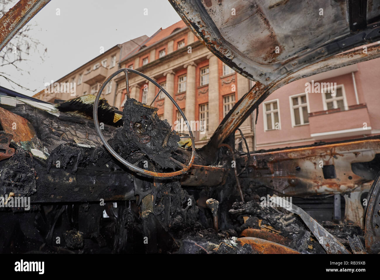 A completely burnt out car with destroyed and rusted interior Stock ...