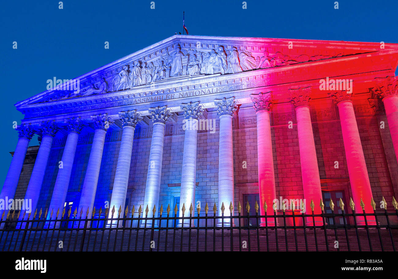 The French National Assembly lit up with colors of French national flag ...