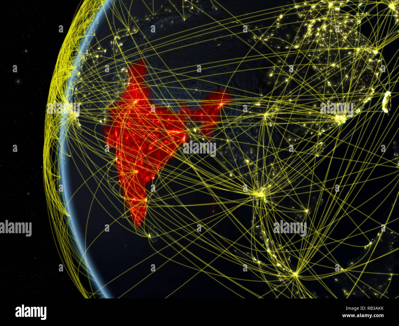 India from space on model of Earth at night with international network ...