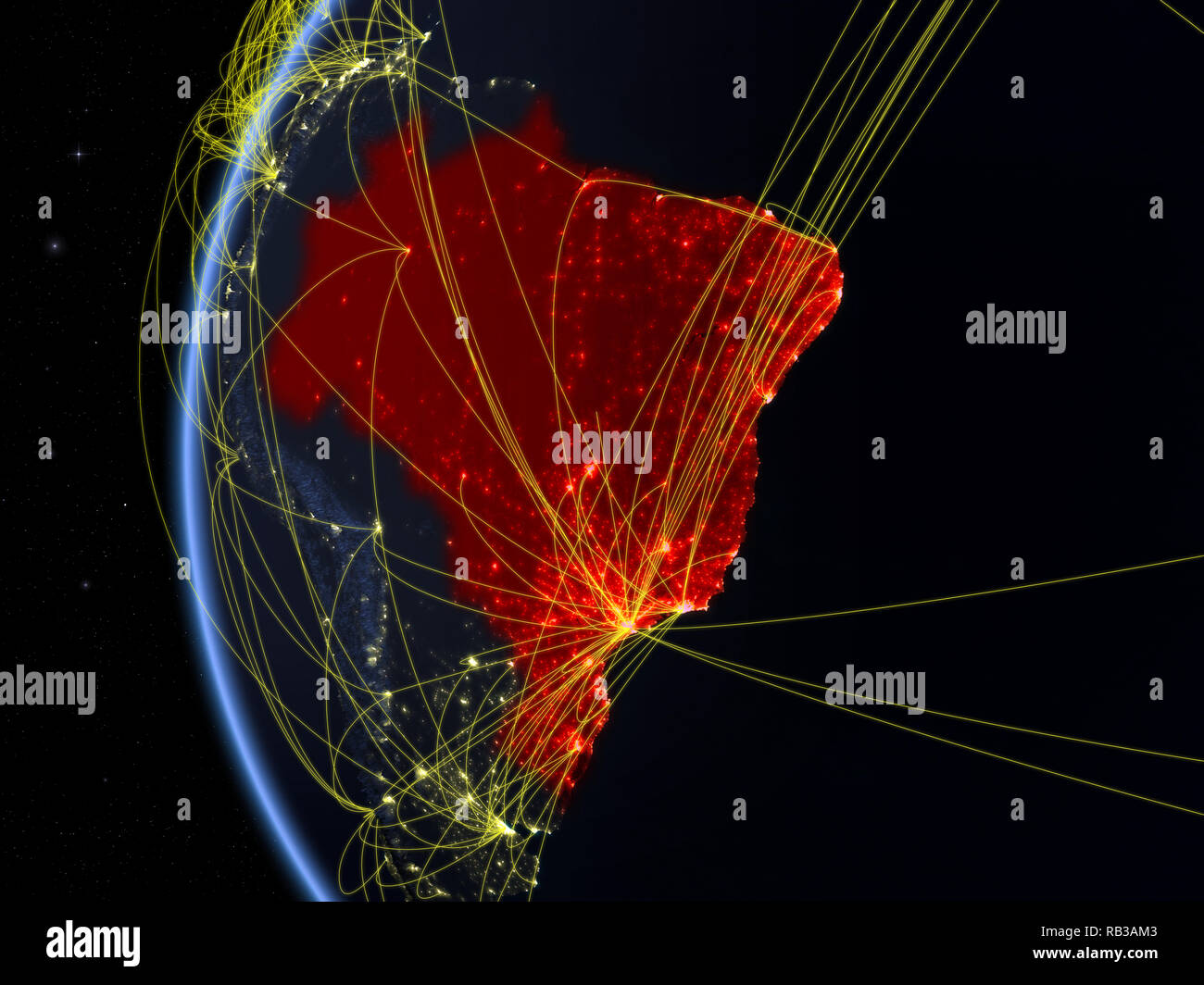 Brazil from space on model of Earth at night with international network ...
